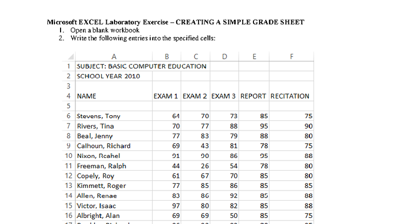 Excel Lab Exercise: Creating a Simple Grade Sheet - Studocu