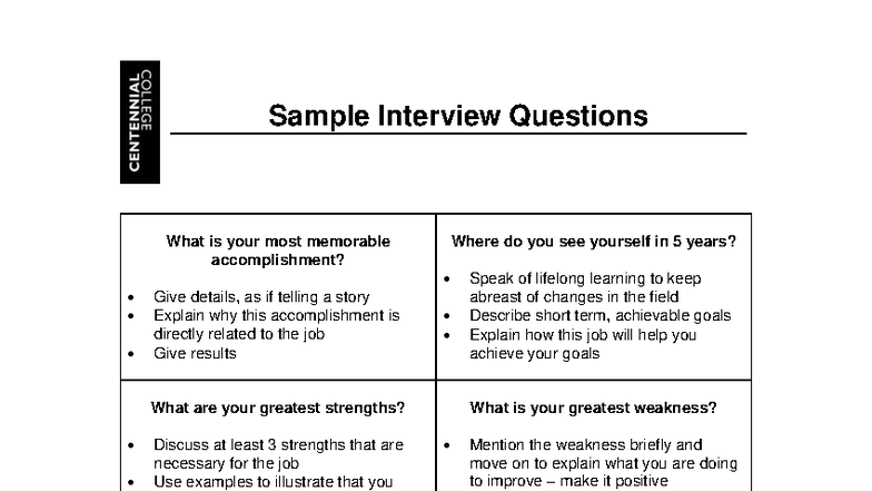 Interview Questions & Answers Template - CENTENNIAL COLLEGE - Studocu