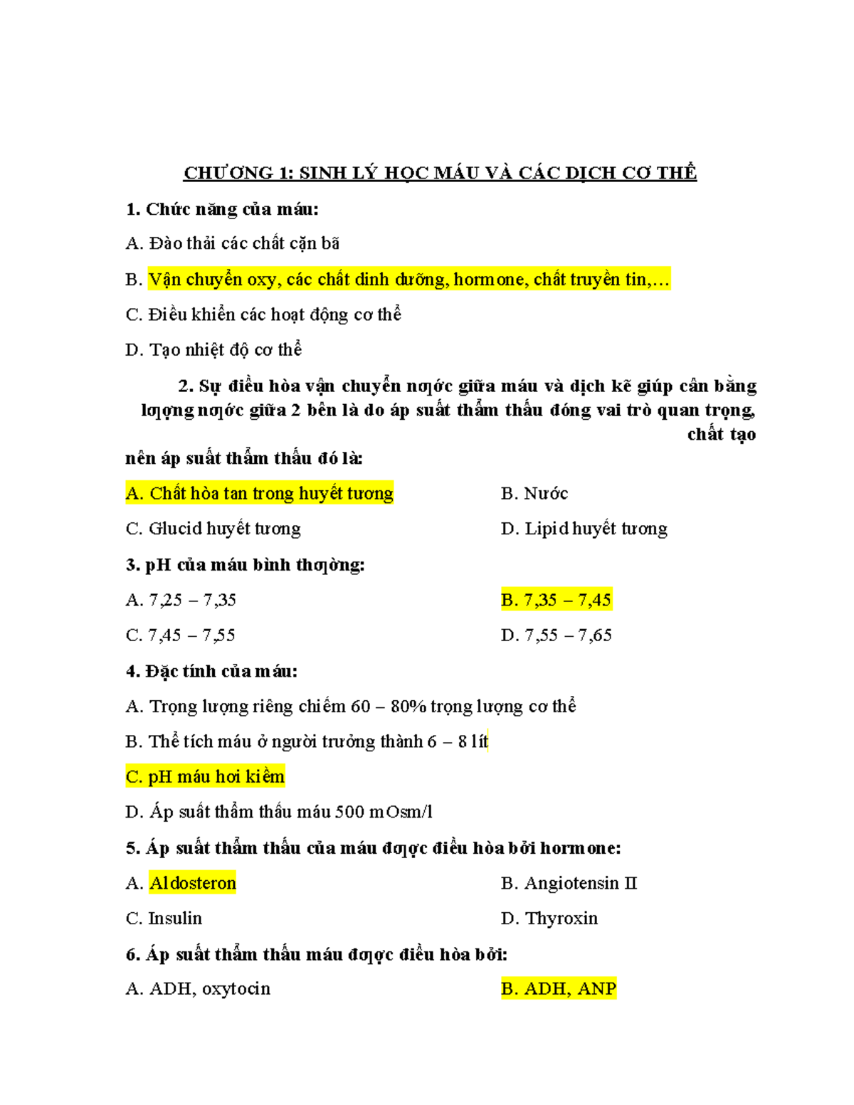 ÔN TẬP FULL CHƯƠNG: SINH LÝ HỌC MÁU VÀ HỆ TUẦN HOÀN - Studocu