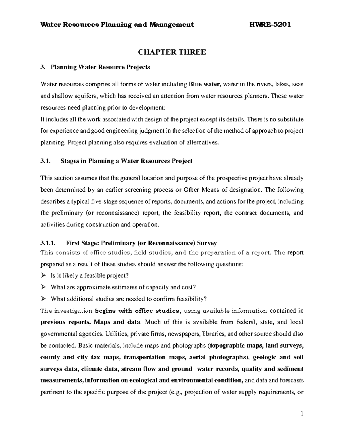 Water Resources Project Planning: Key Stages and Evaluation (CE 301 ...