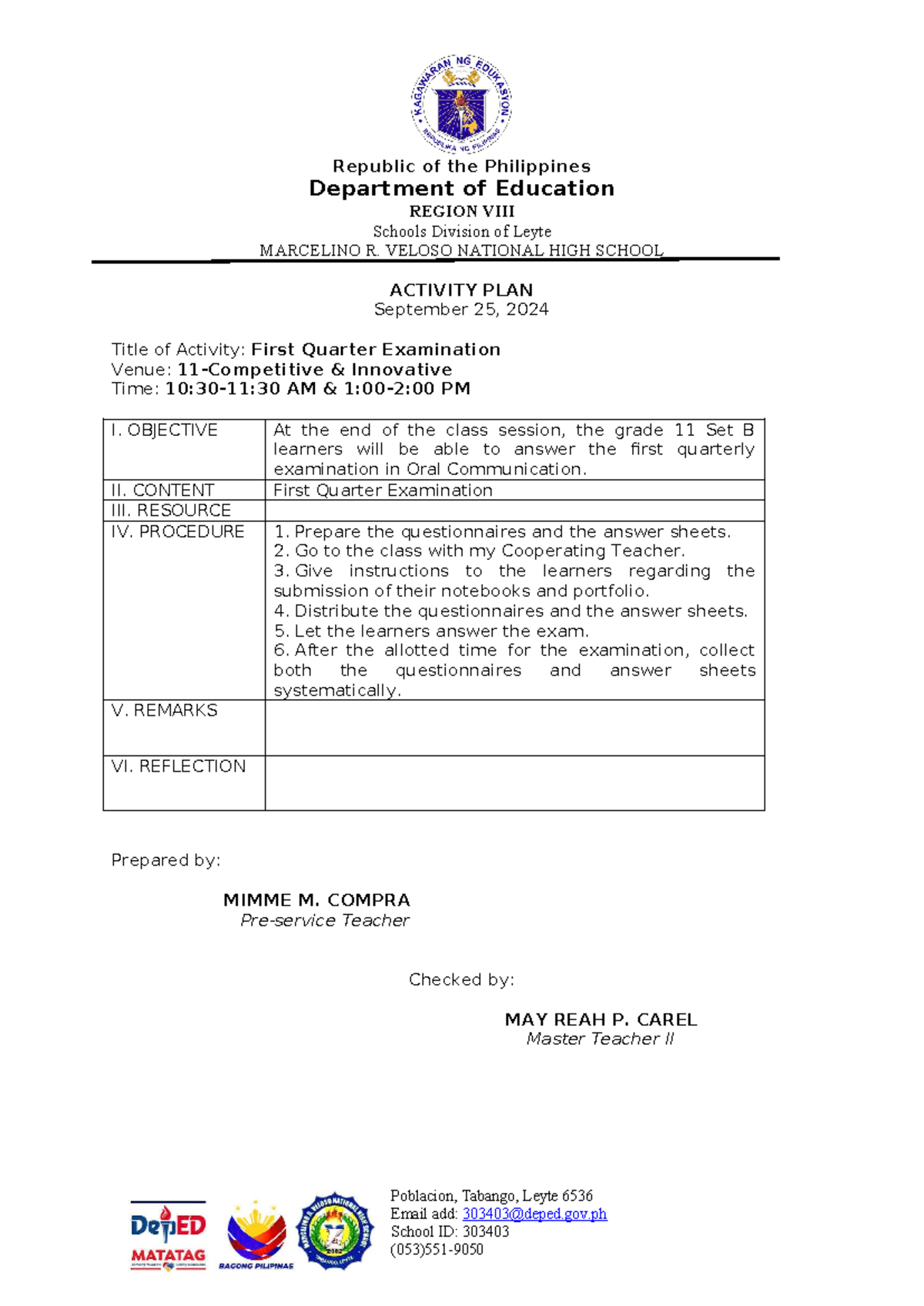Activity Plan (NMP7) - Department of Education REGION VIII Schools ...