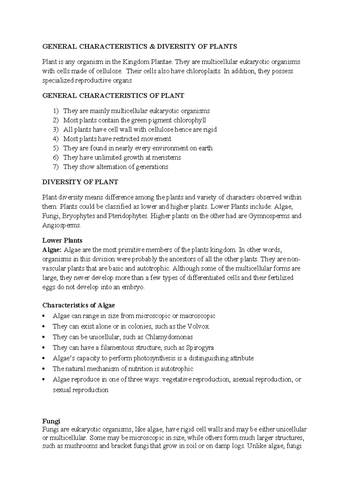 General Characteristics & Diversity of Plants (BIO 101) - Studocu