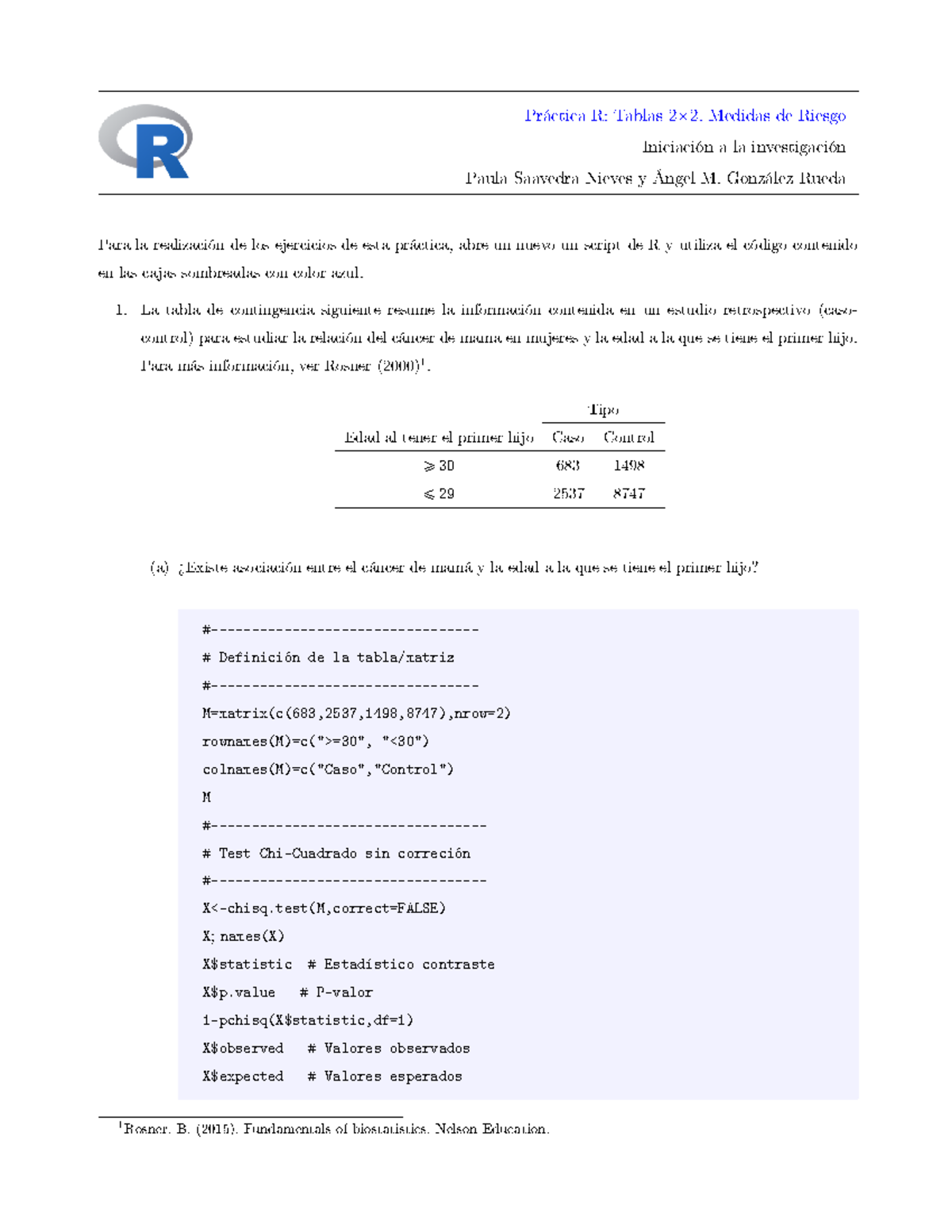 Tablas 2x2. Medidas de riesgo - Práctica R: Tablas 2ˆ2. Medidas de ...