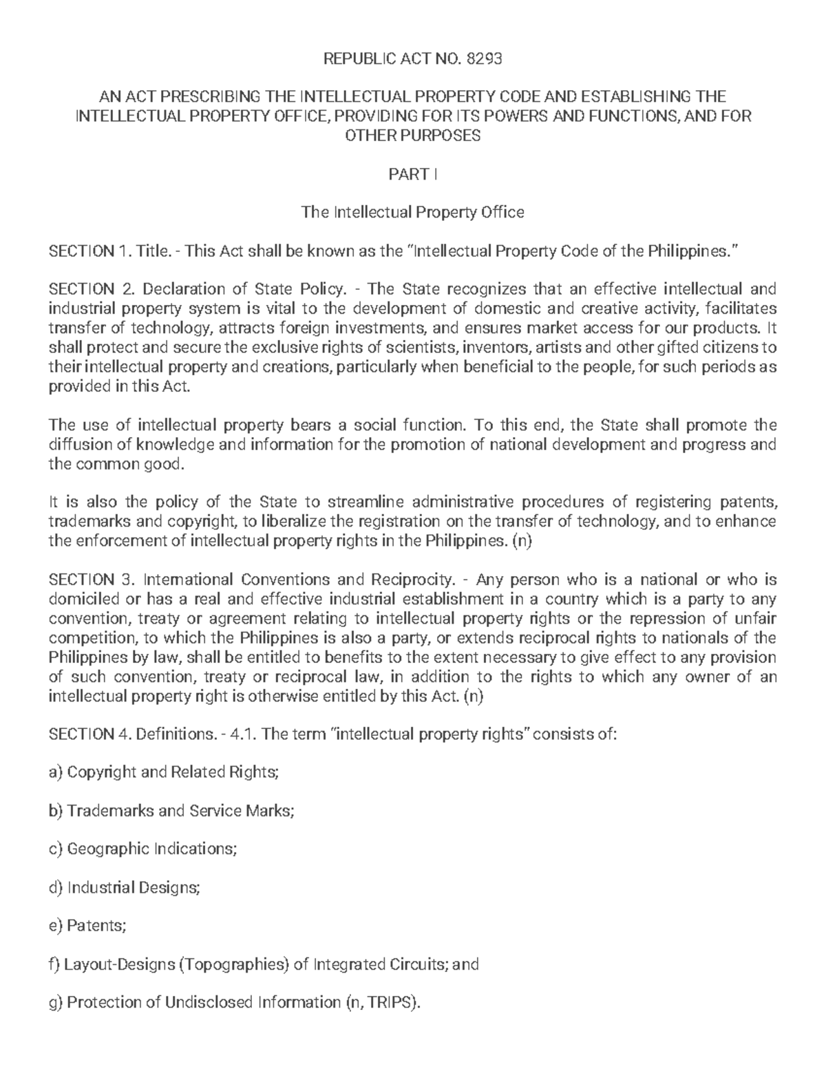 Notes on RA 8293: Philippine Intellectual Property Code Overview - Studocu