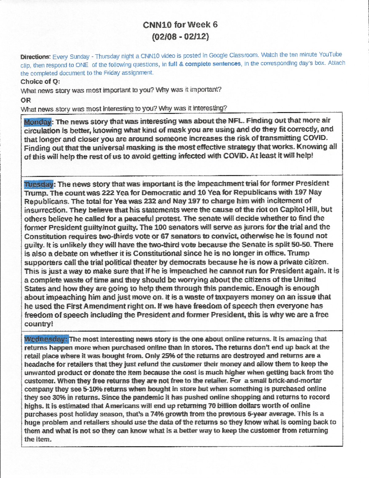 CNN10 Week 6 - summarize the CNN report. - CNN10 for Week 6 Directions ...