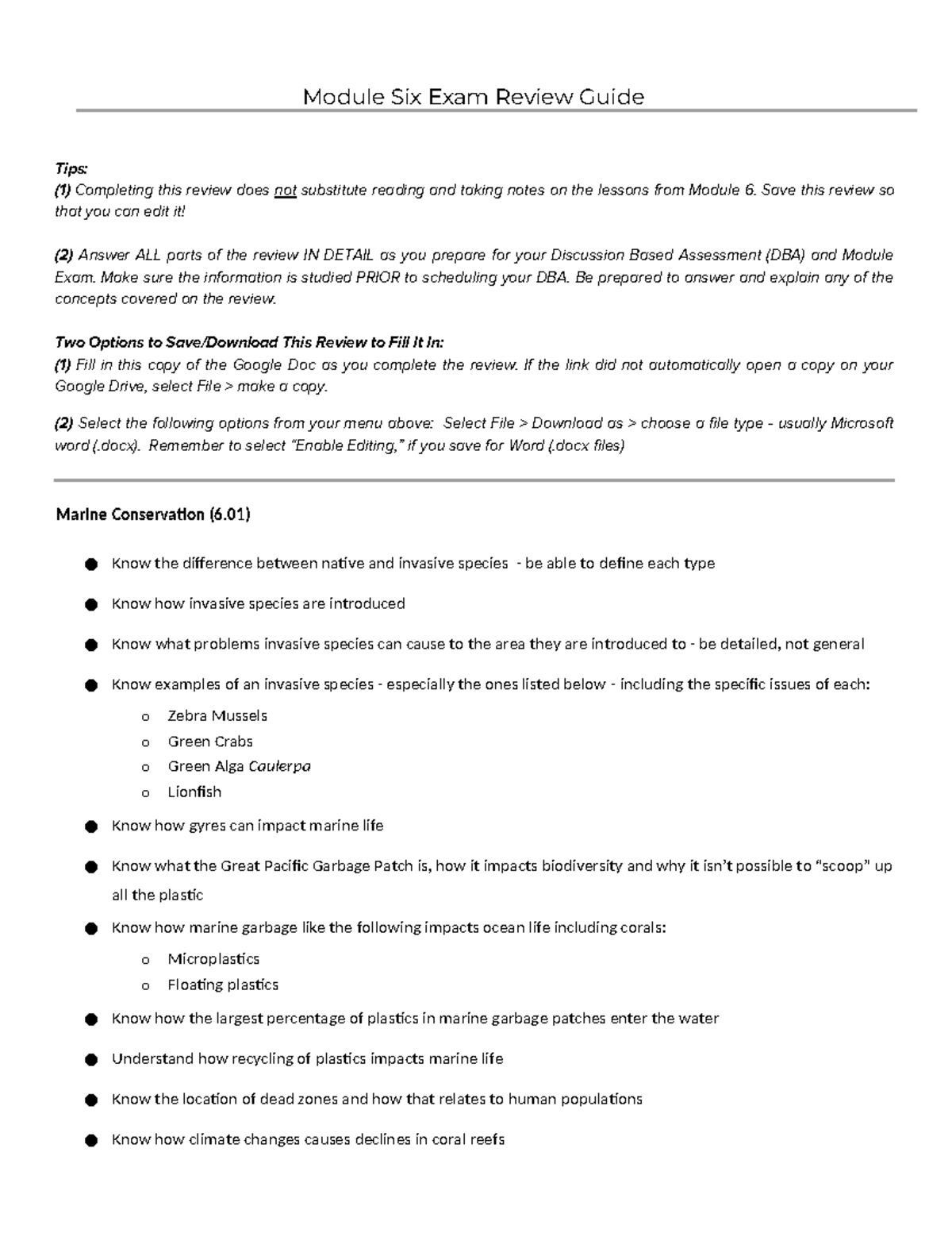 Module 6 Exam Review Guide: Marine Conservation & Resources - Studocu