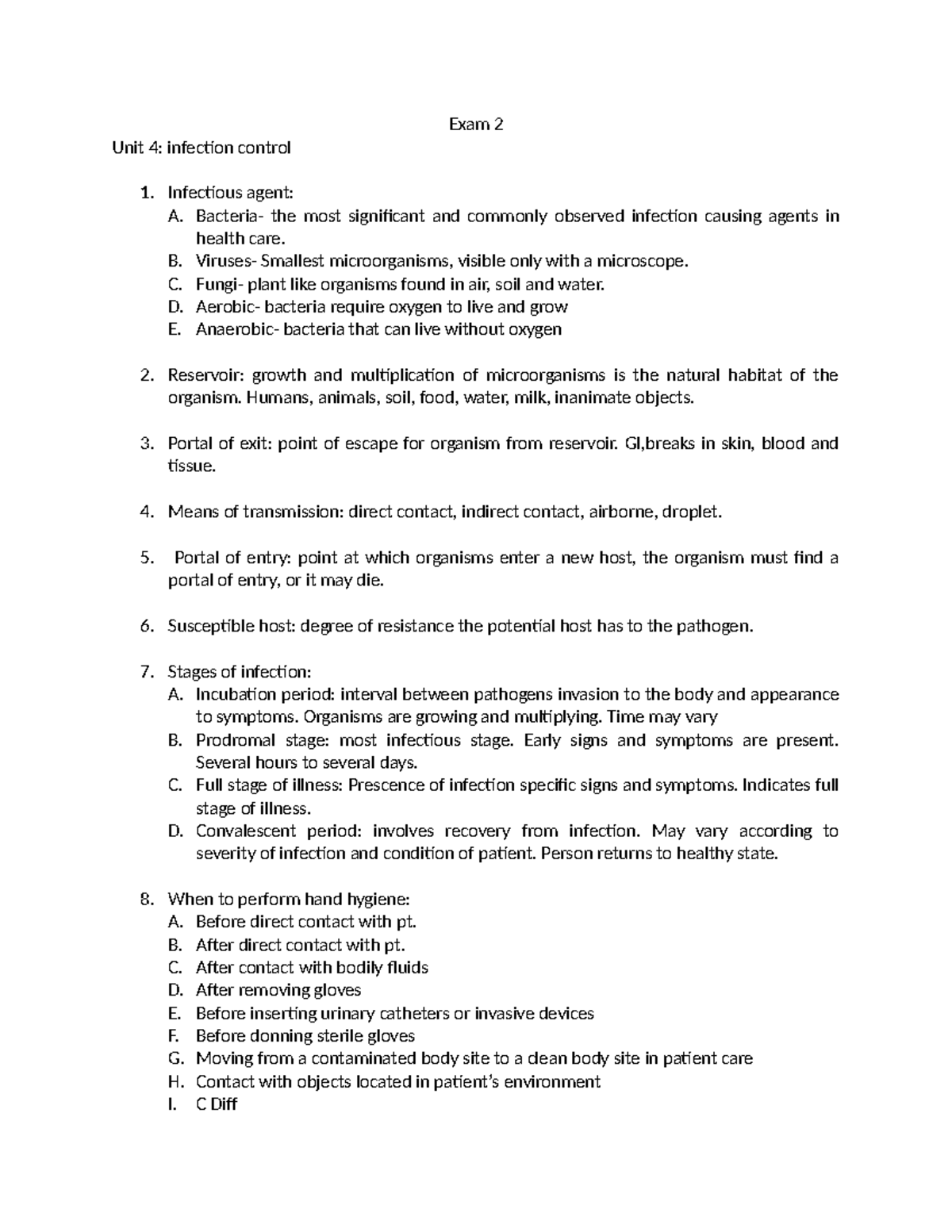 Exam 2 study guide - Exam 2 Unit 4: infection control Infectious agent ...