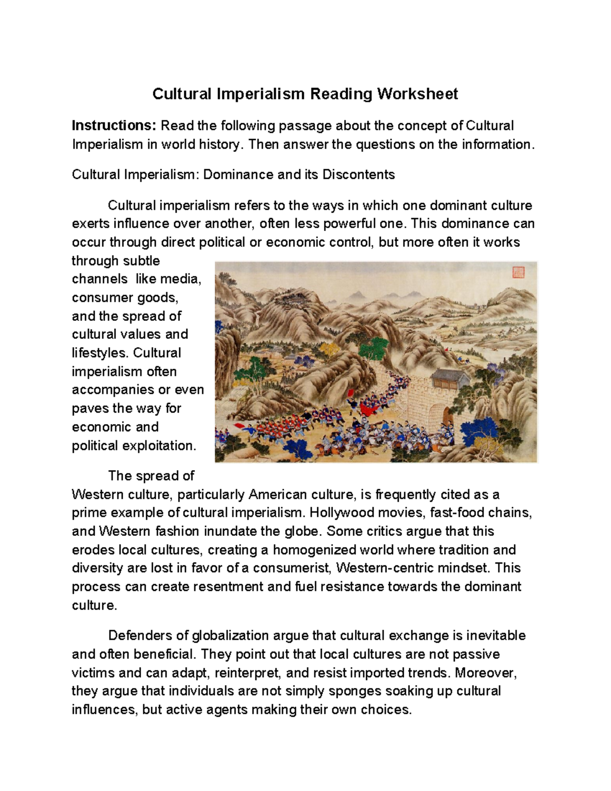 Cultural Imperialism Reading Worksheetw Answer Key Freeeditable-1 ...