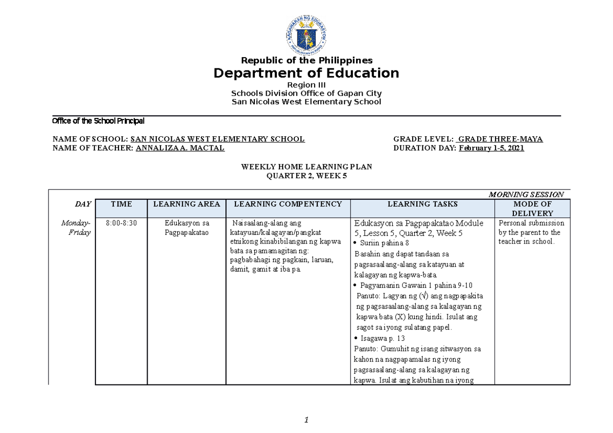 Weekly Home Learning Plan Q2 Grade 3 - February 1-5, 2021 - Studocu