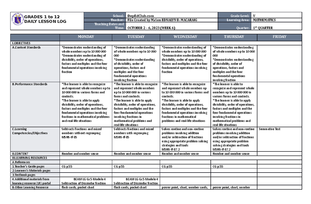 DLL Mathematics 5 Q1 W6 - Daily Lesson Log for Grade 6 Math - Studocu