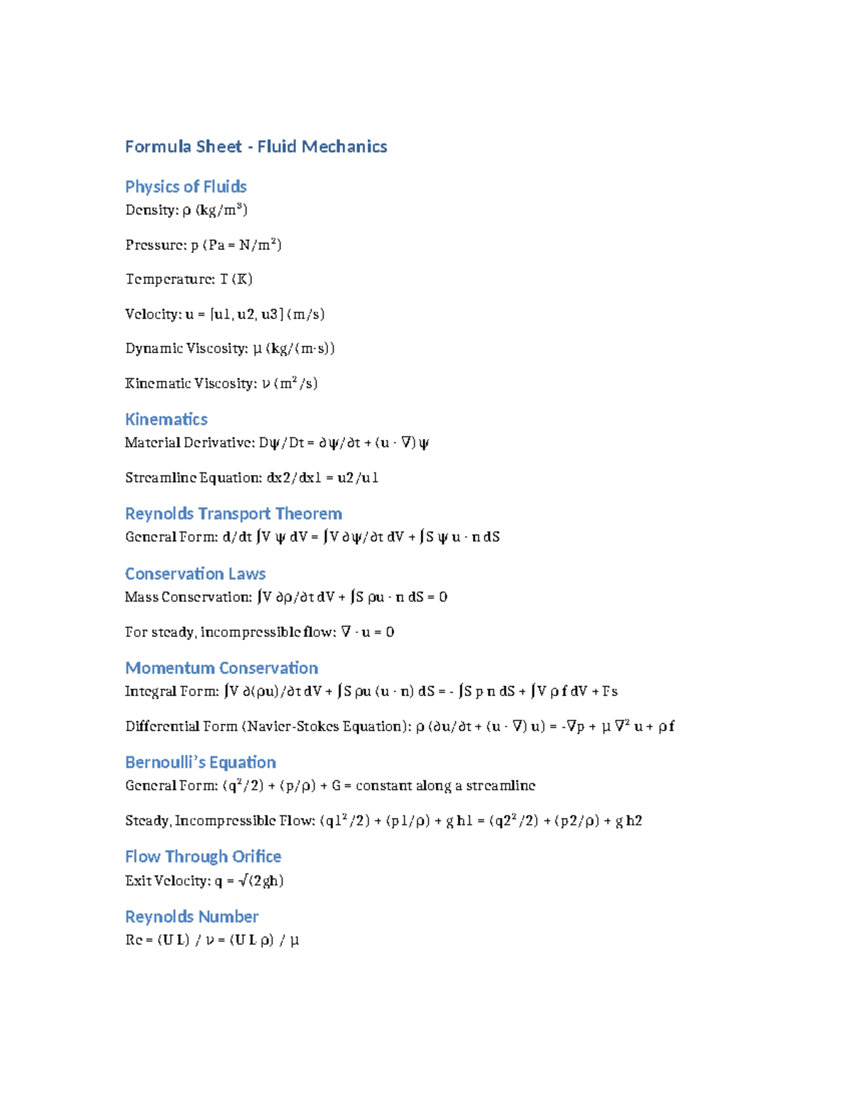 Fluid Mechanics Formula Sheet for Physics 101 - Studocu