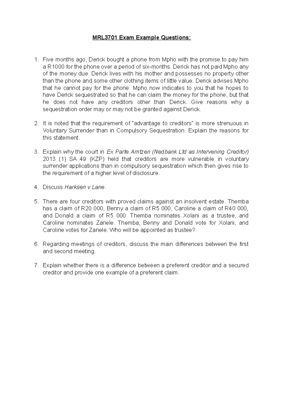 MRL3701 Final Exam Example Questions & Analysis Guide - Studocu