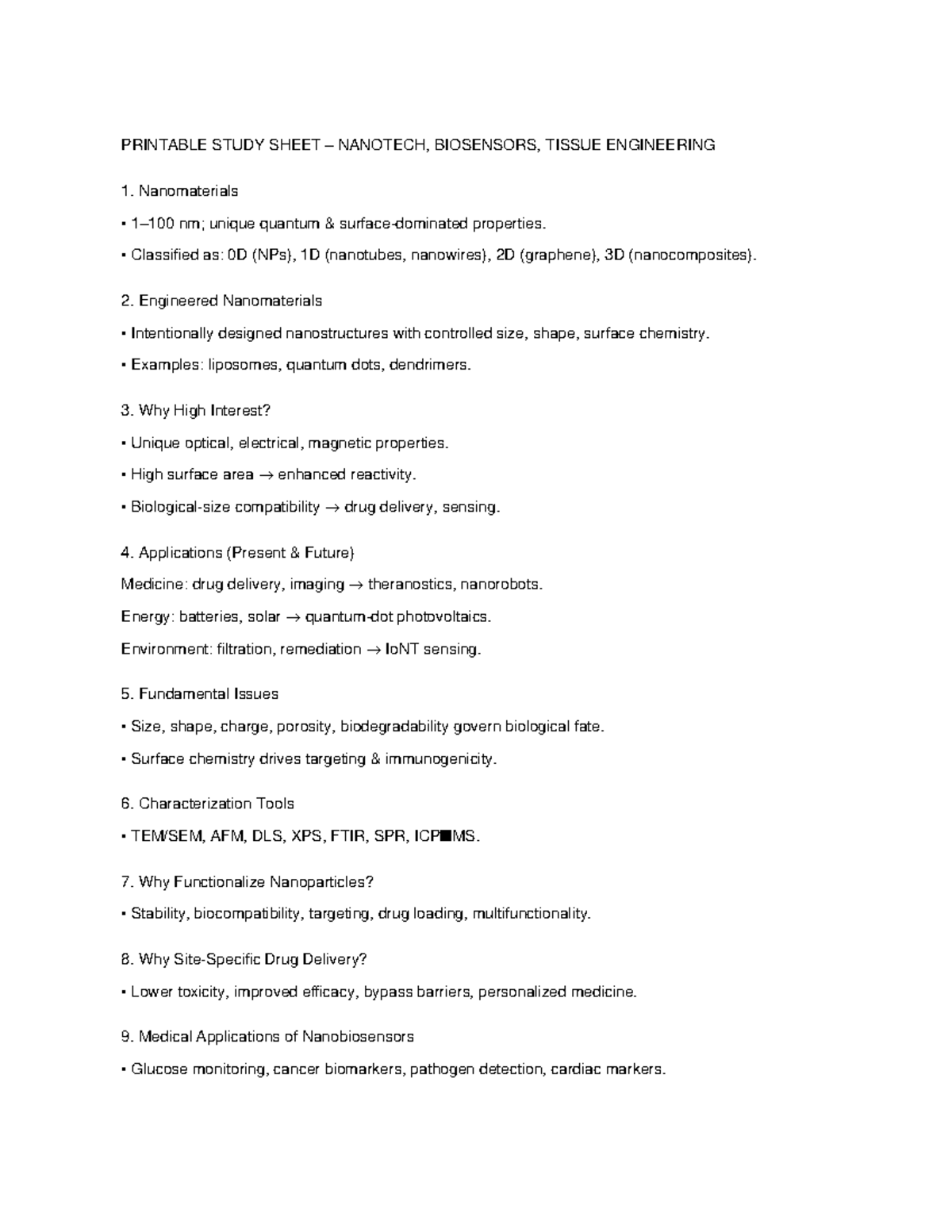 Printable Study Sheet: Nanotech, Biosensors & Tissue Eng. Exam - Studocu