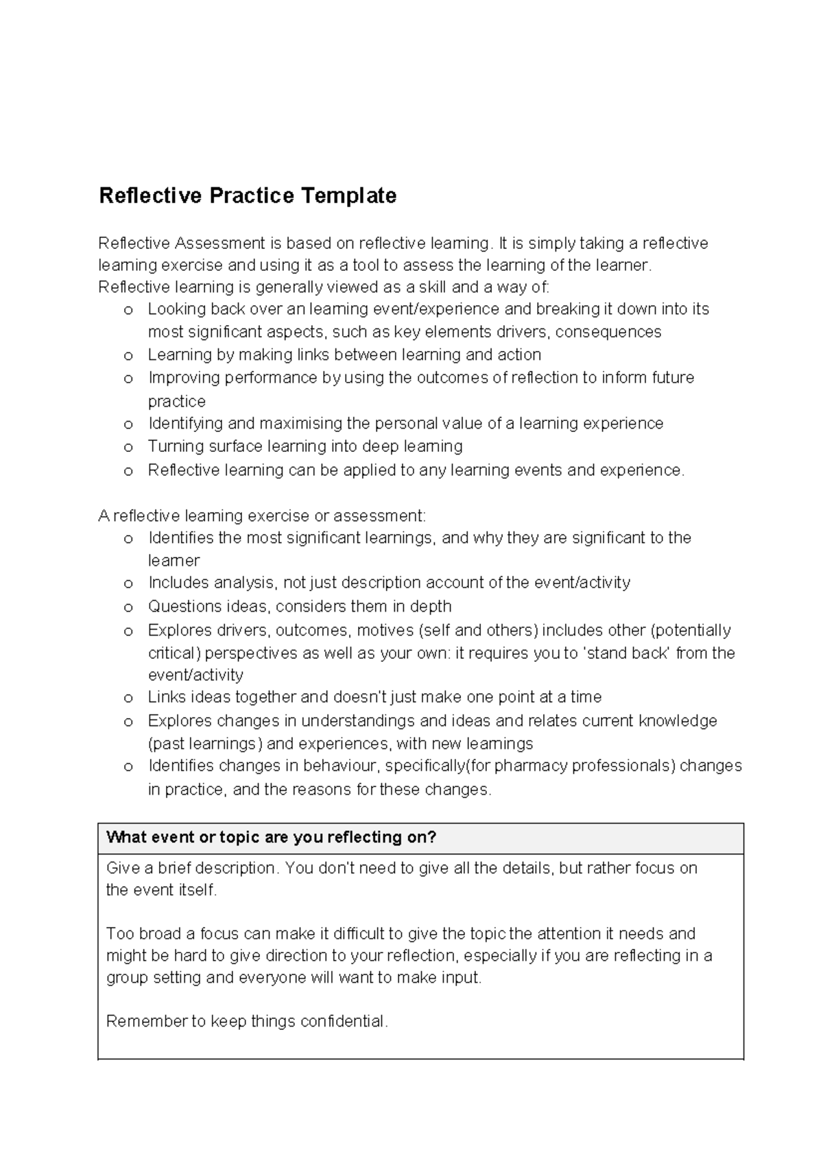 Guideline reflective-practice - Reflective Practice Template Reflective ...