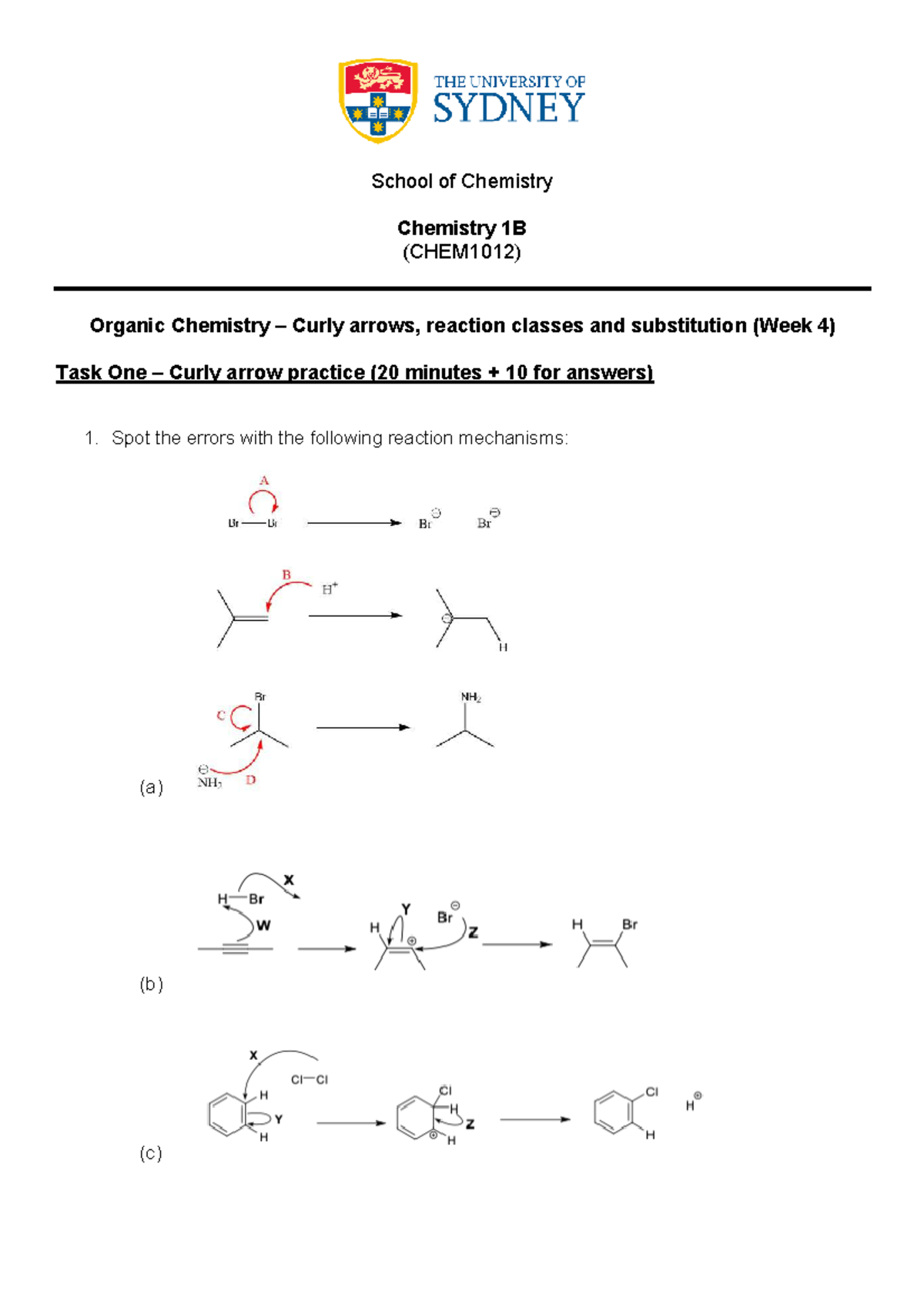 CHEM1012 Organic Chemistry Tutorial Sheet 4: Curly Arrows & Reactions ...