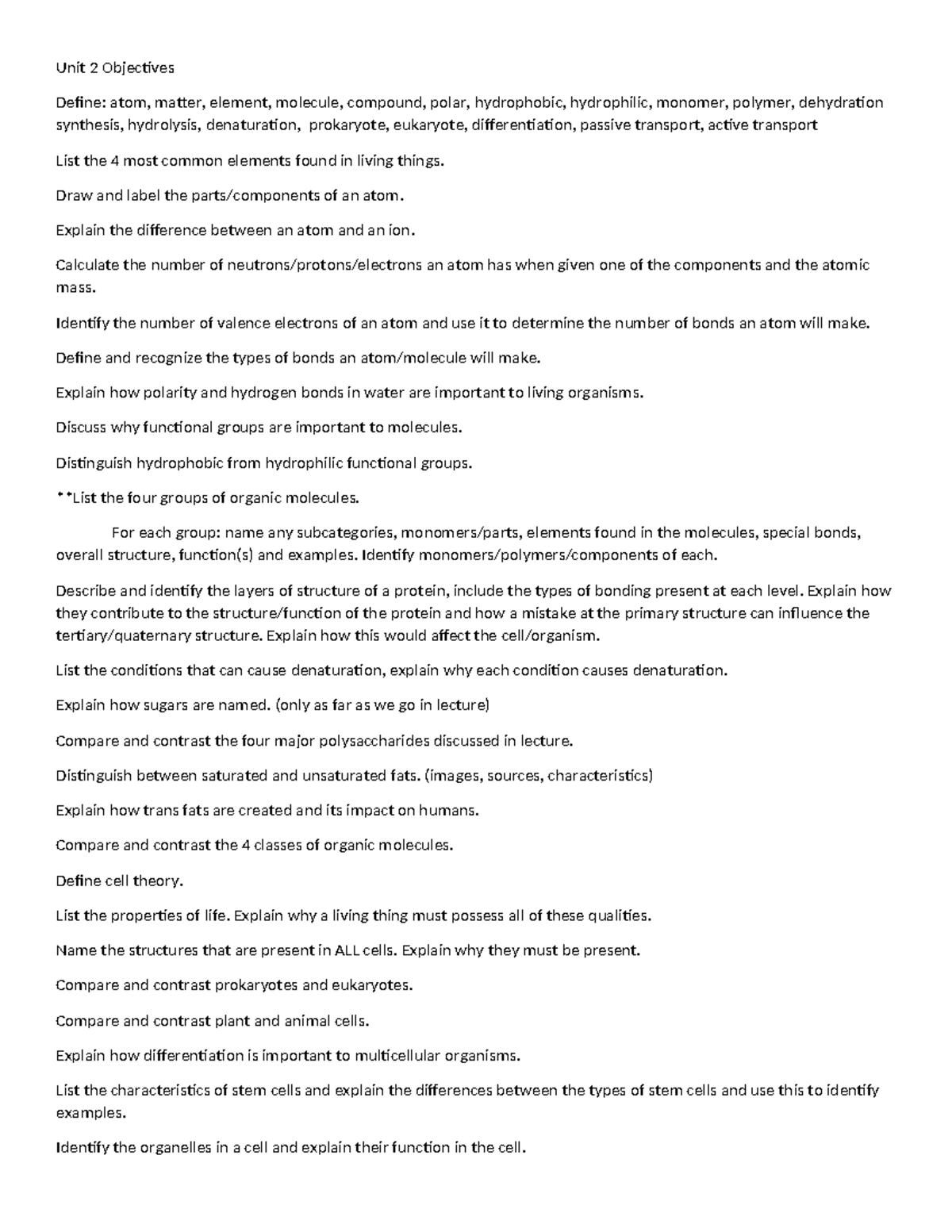 Biology 101: Unit 2 Study Guide on Molecules, Cells & Organisms - Studocu