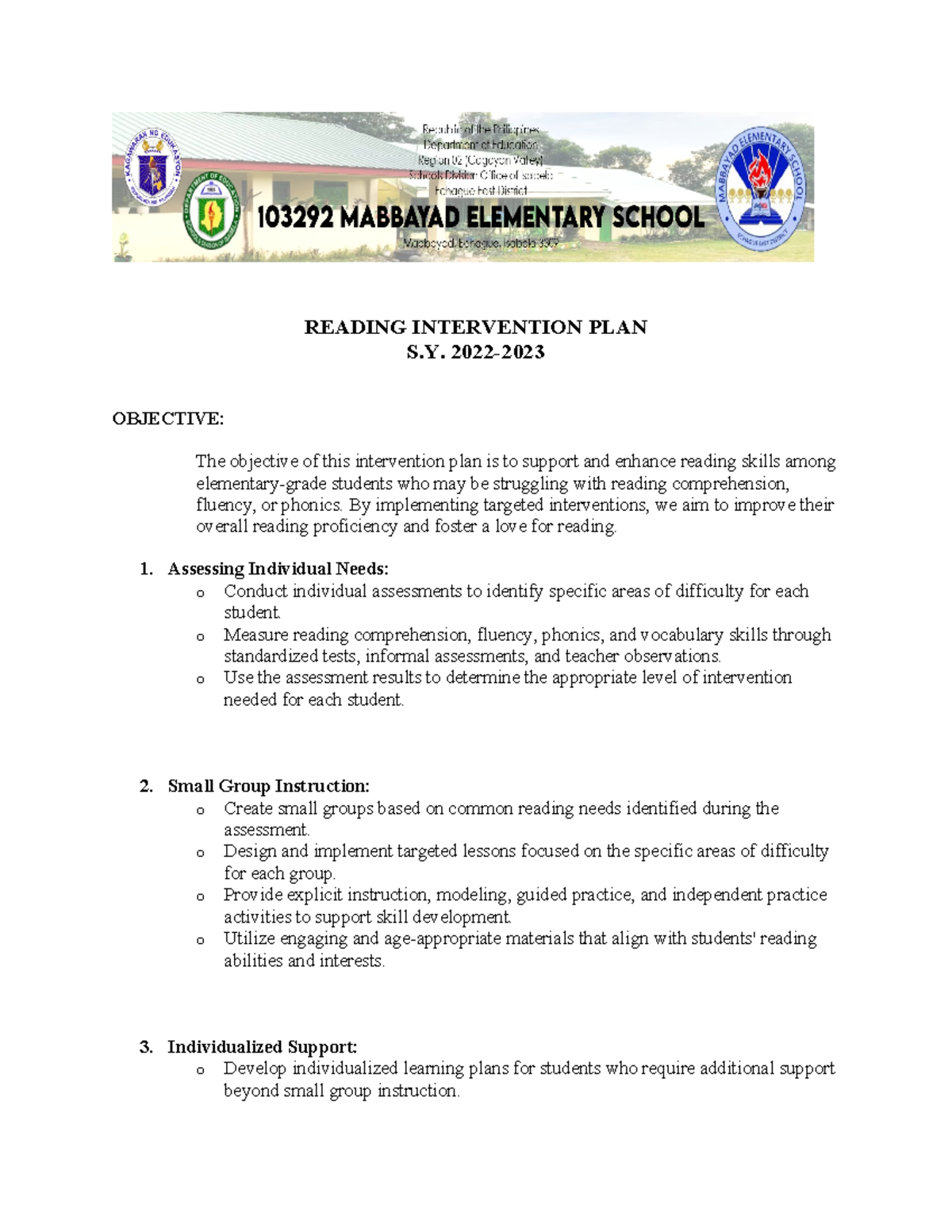 Reading Intervention Plan for Elementary Students (S.Y. 2022-) - Studocu