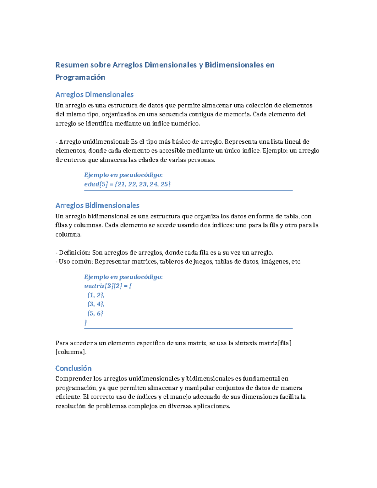 Resumen sobre Arreglos Unidimensionales y Bidimensionales en ...