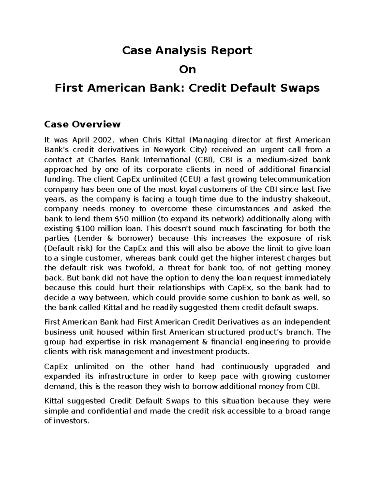 First American Bank Case Study: Analyzing Credit Default Swaps - Studocu