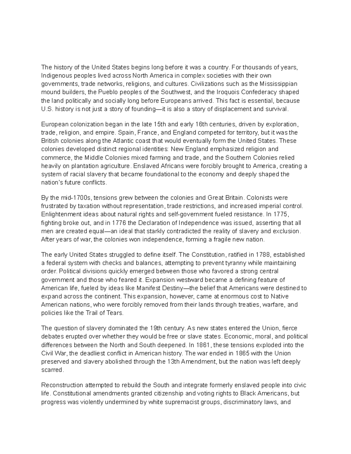 Studco - Review of U.S. History: Indigenous Peoples to Reconstruction ...