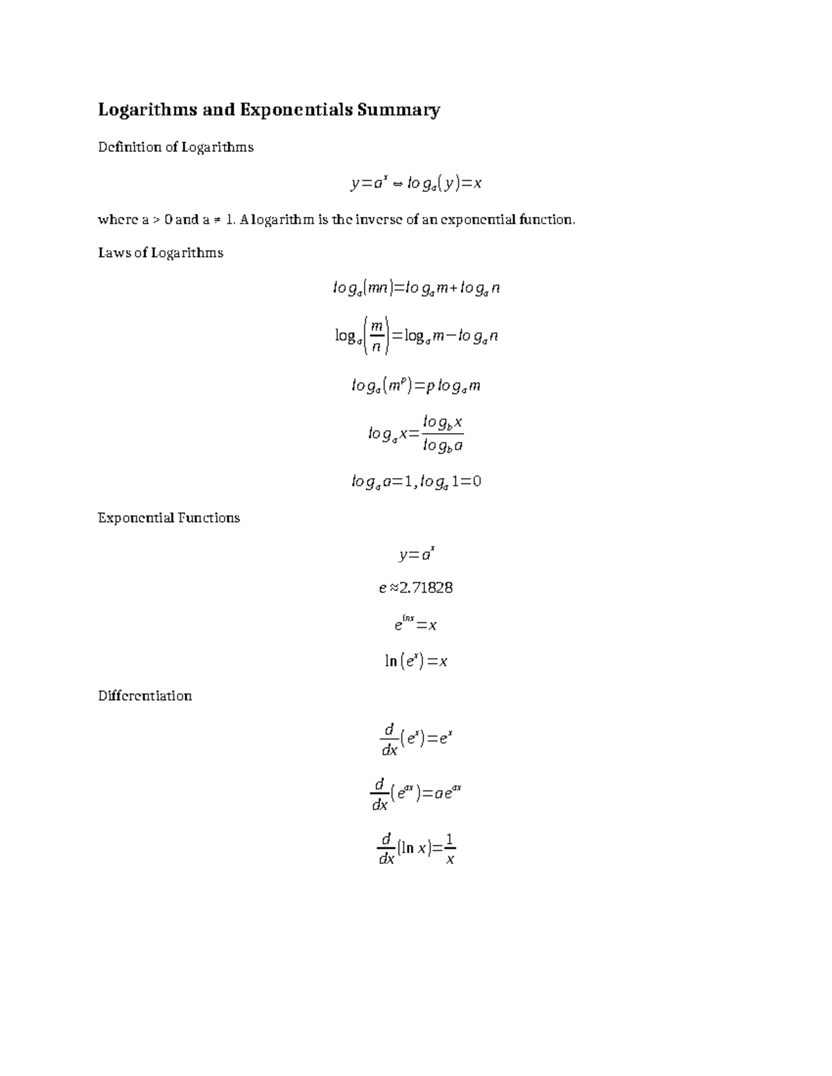 MATH 101: Logarithms and Exponentials Summary Notes - Studocu