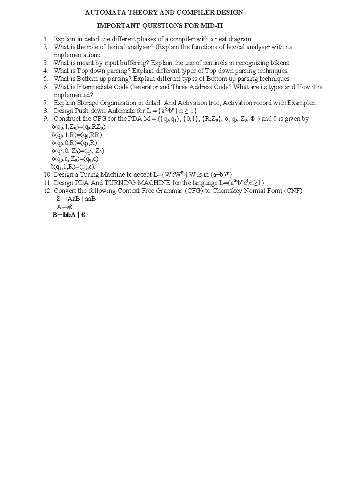 ATCD Important Questions for Midterm Exam on Compiler Design and ...