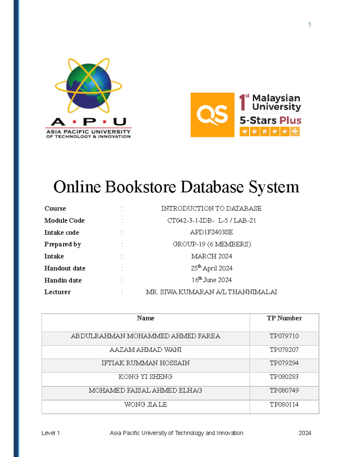 Introduction to Database Assignment (CT042) - Group 19 Report Part 1 ...