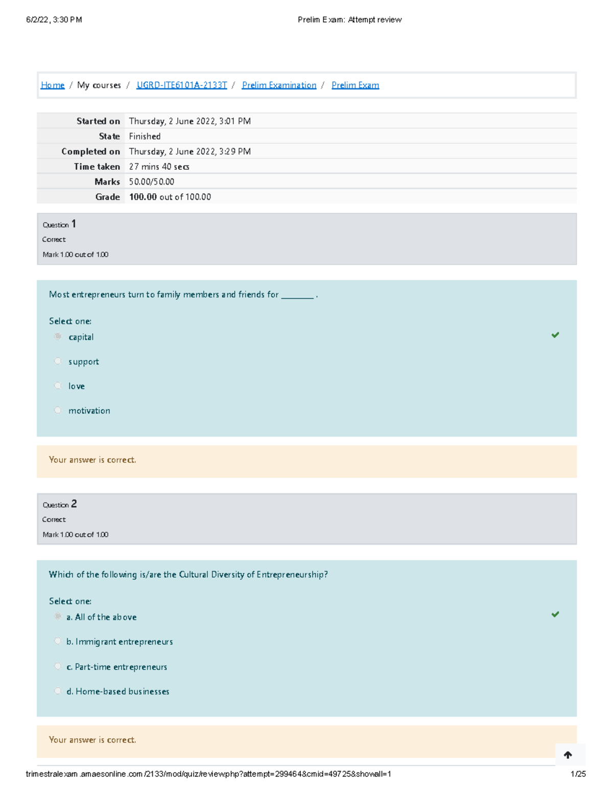 Technoprenuership Prelim Exam Attempt review - Home/My courses/ UGRD-ITE6101A-2133T/ Prelim ...