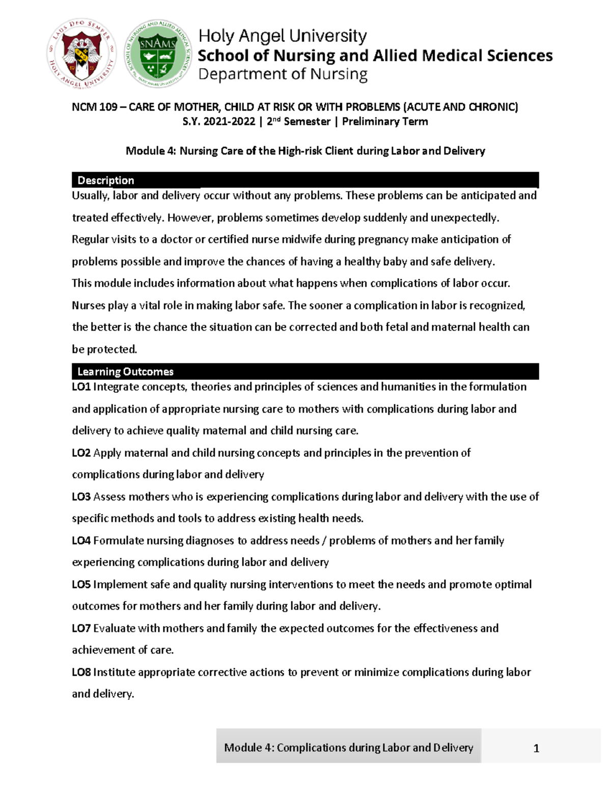 Module 4 Labor and Delivery Complications - NCM 109 – CARE OF MOTHER ...