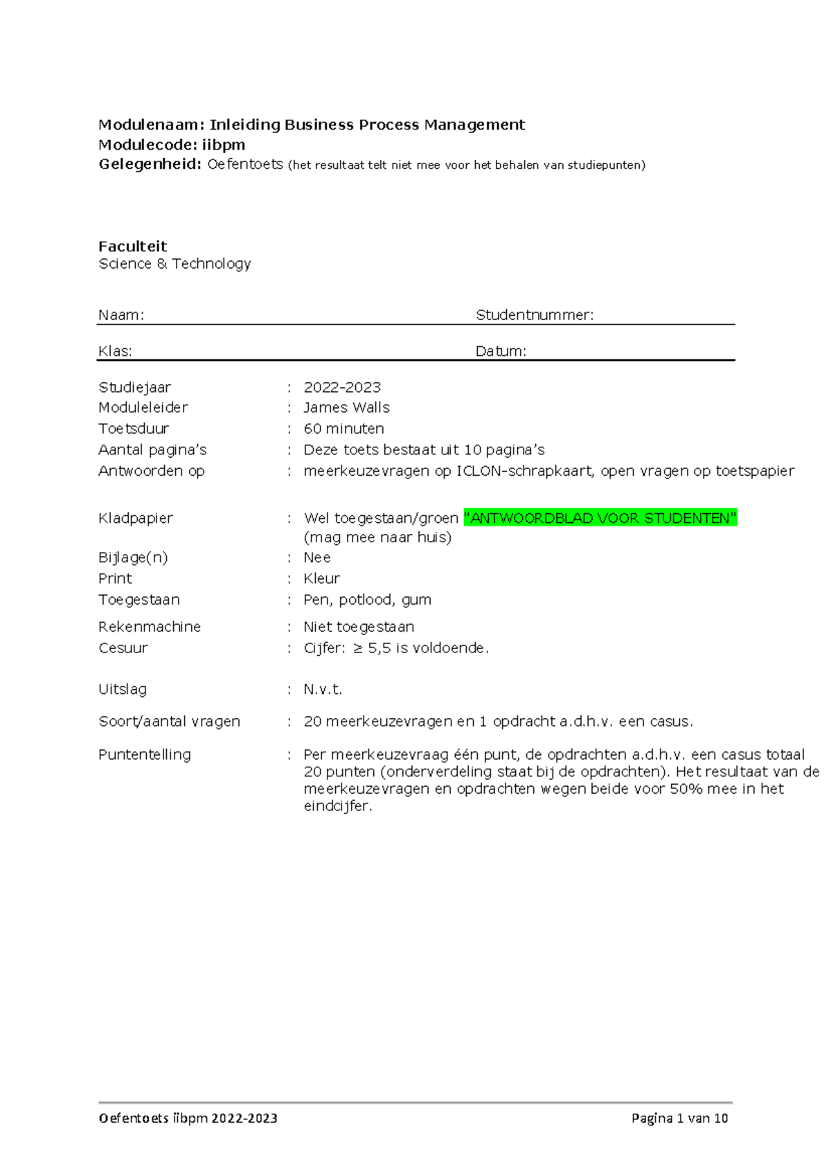 I iibpm Oefentoets t s 12 - Modulenaam: Inleiding Business Process ...