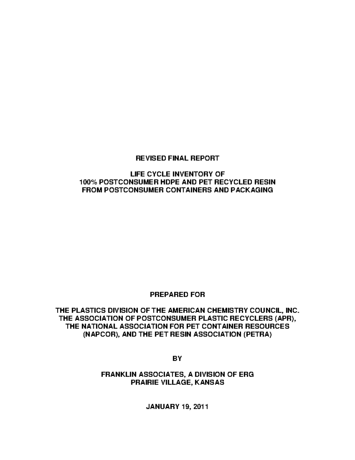 Life Cycle Inventory of Postconsumer HDPE & PET Recycled Resin (Final ...