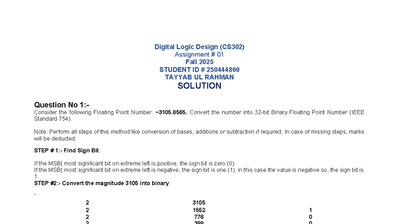 CS302 Digital Logic Design Assignment 01: Floating Point Conversion - Studocu