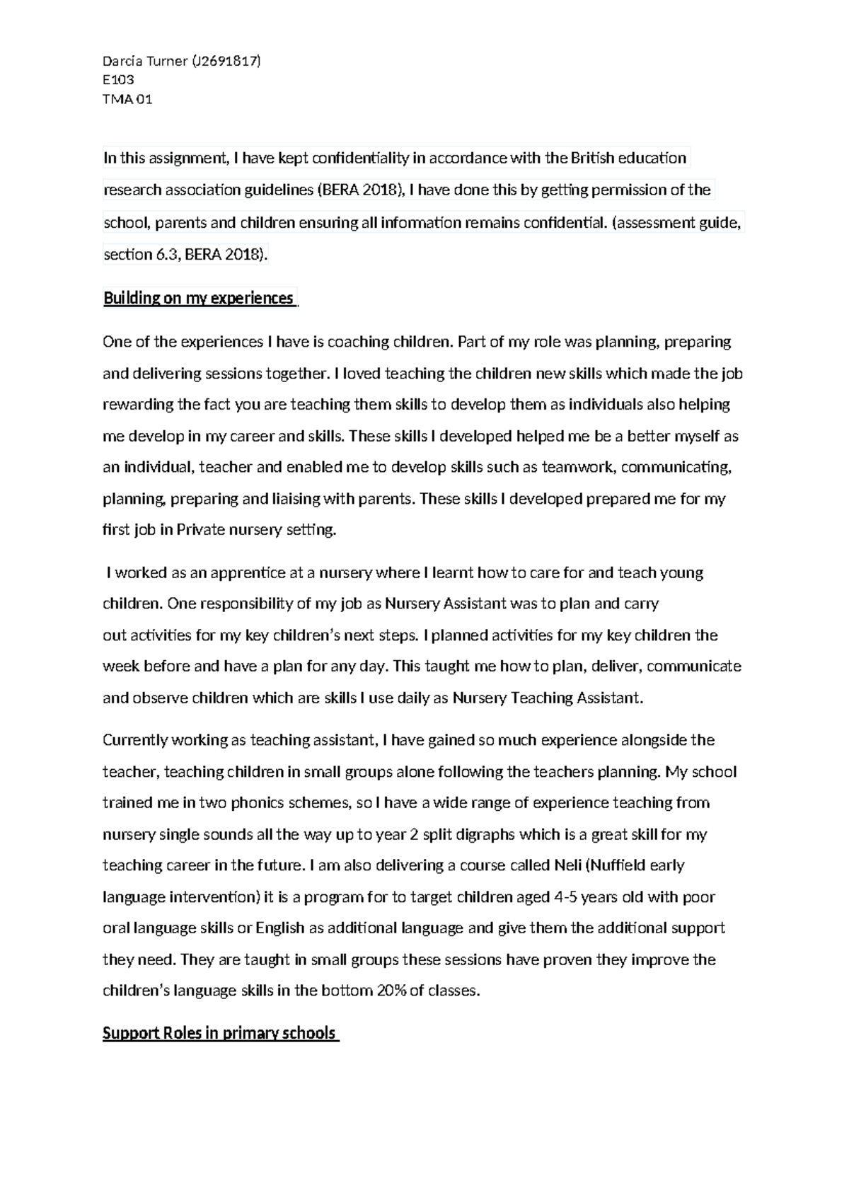 E103 - TMA 01: Reflective Assignment on Teaching Assistant Role and ...