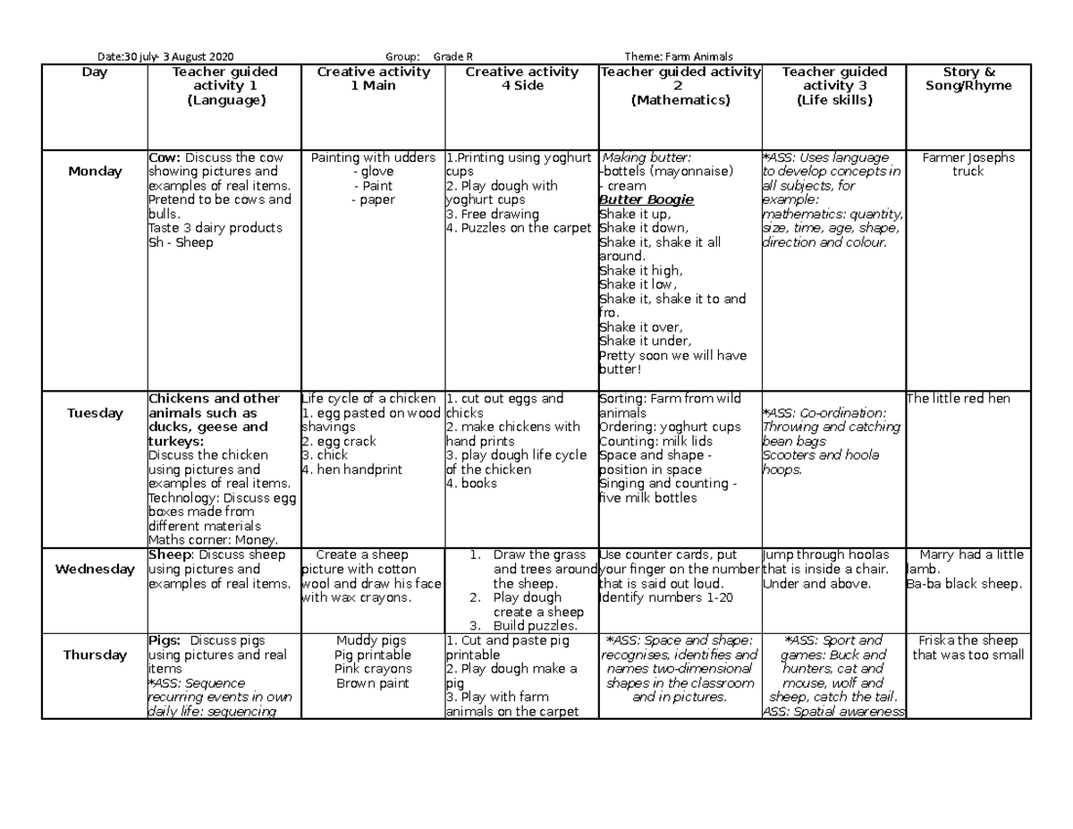 Grade R Weekly Plan: Engaging Activities on Farm Animals - Studocu