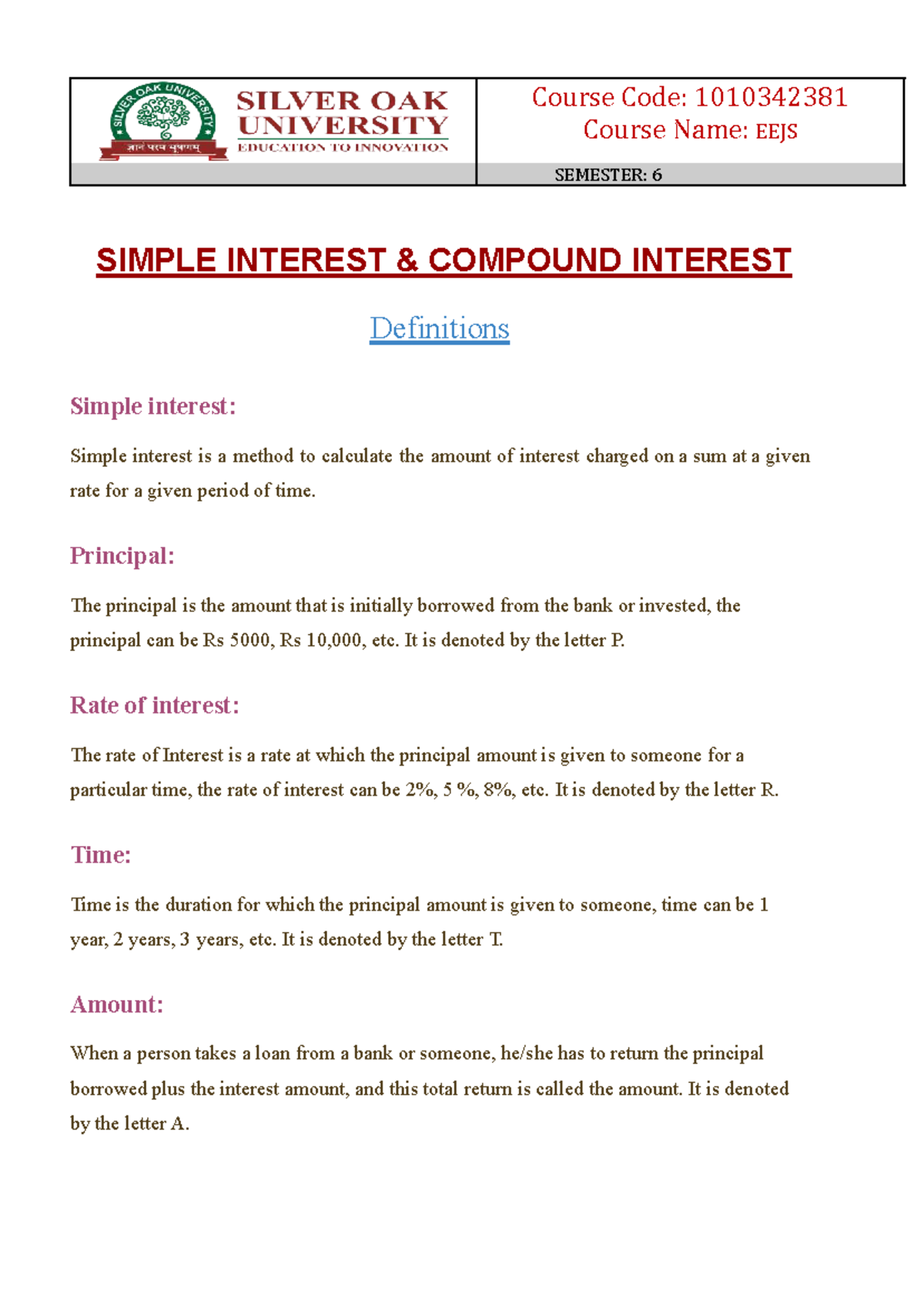 EEJS 6: Notes on Simple Interest and Compound Interest - Studocu