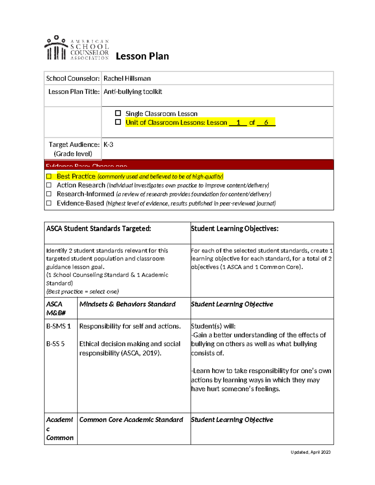 ASCA Lesson Plan for Anti-Bullying Toolkit: Grades K-3 - Studocu