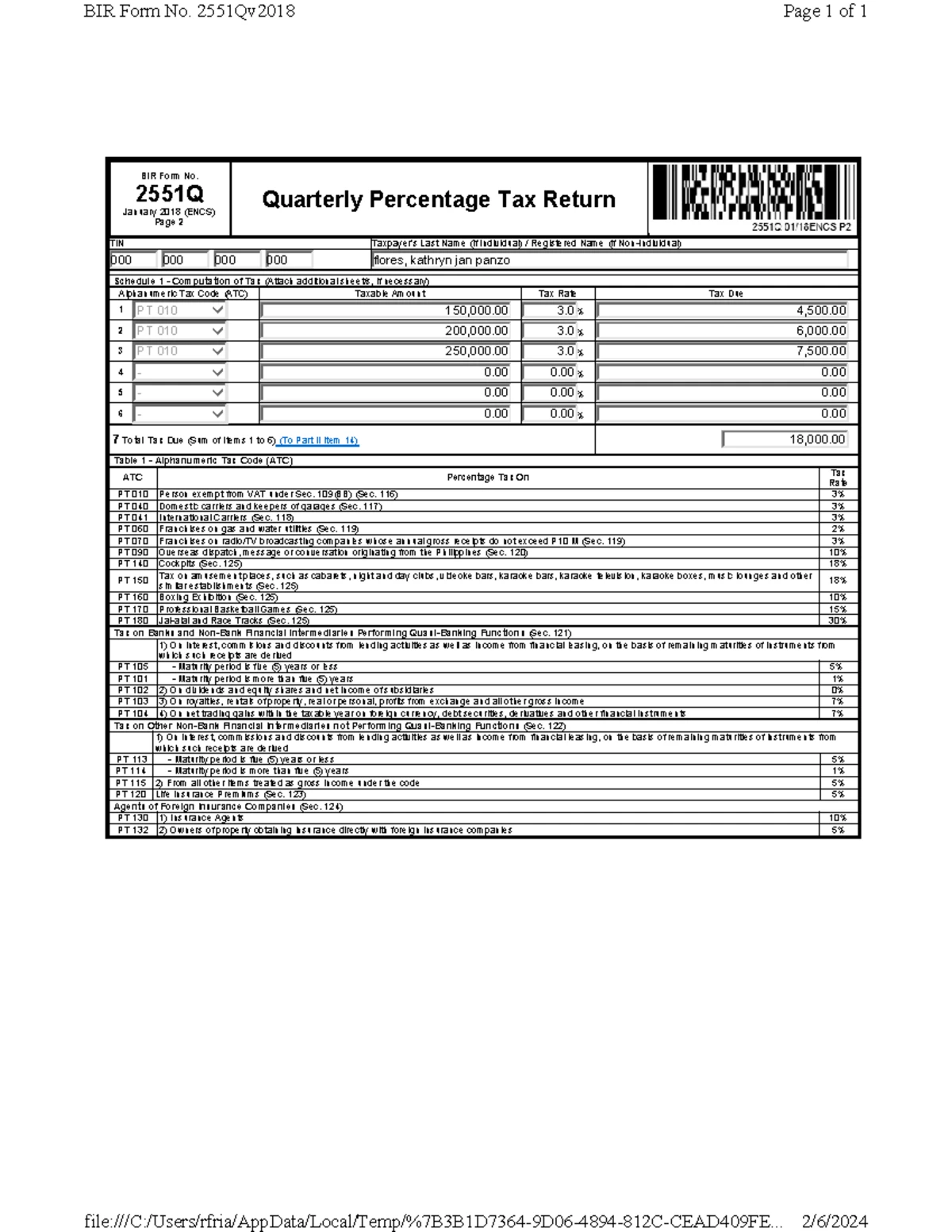 BIR Form No. 2551Q: Quarterly Percentage Tax Return Instructions - Studocu