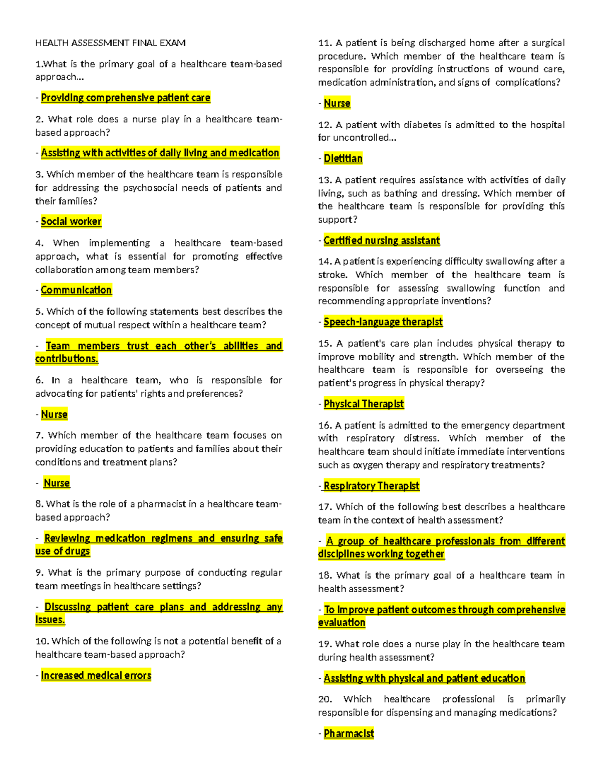 Reviewer FOR Health Assessment - HEALTH ASSESSMENT FINAL EXAM 1 is the ...
