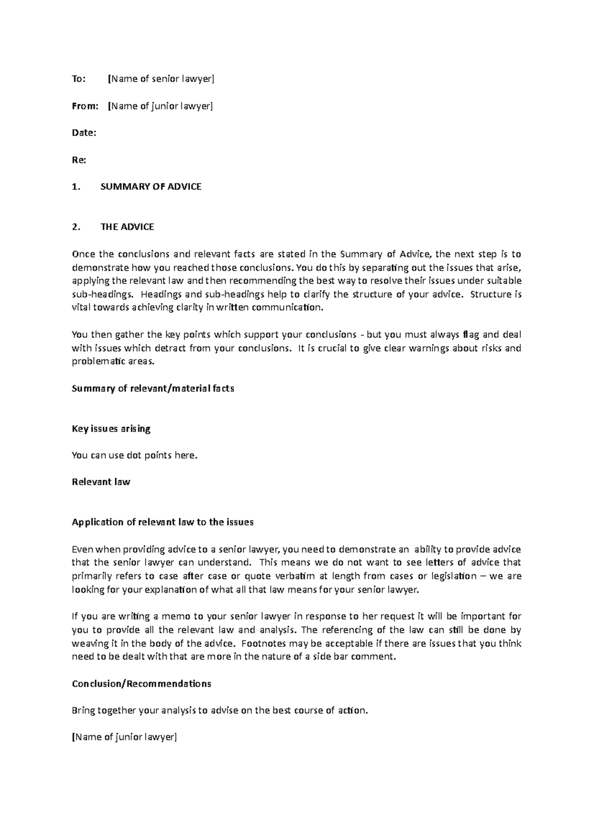 Memo Template for Legal Advice to Senior Lawyer - Studocu
