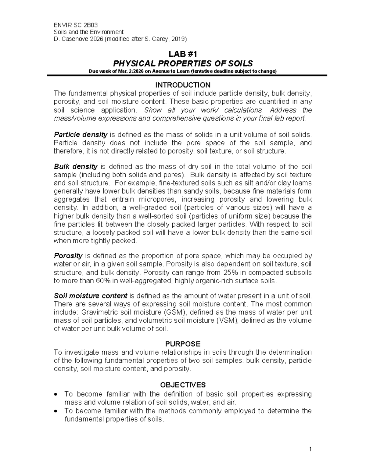 ENVIR SC 2B03 Lab 1: Physical Properties of Soils - W26 Notes - Studocu