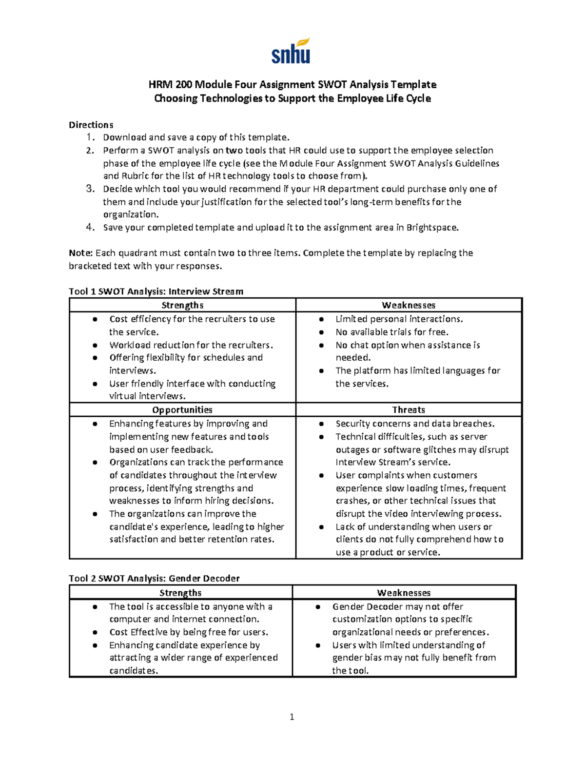 Kenyetta-HRM 200 Module Four Assignment SWOT Analysis Template - 1 HRM 200 Module Four ...