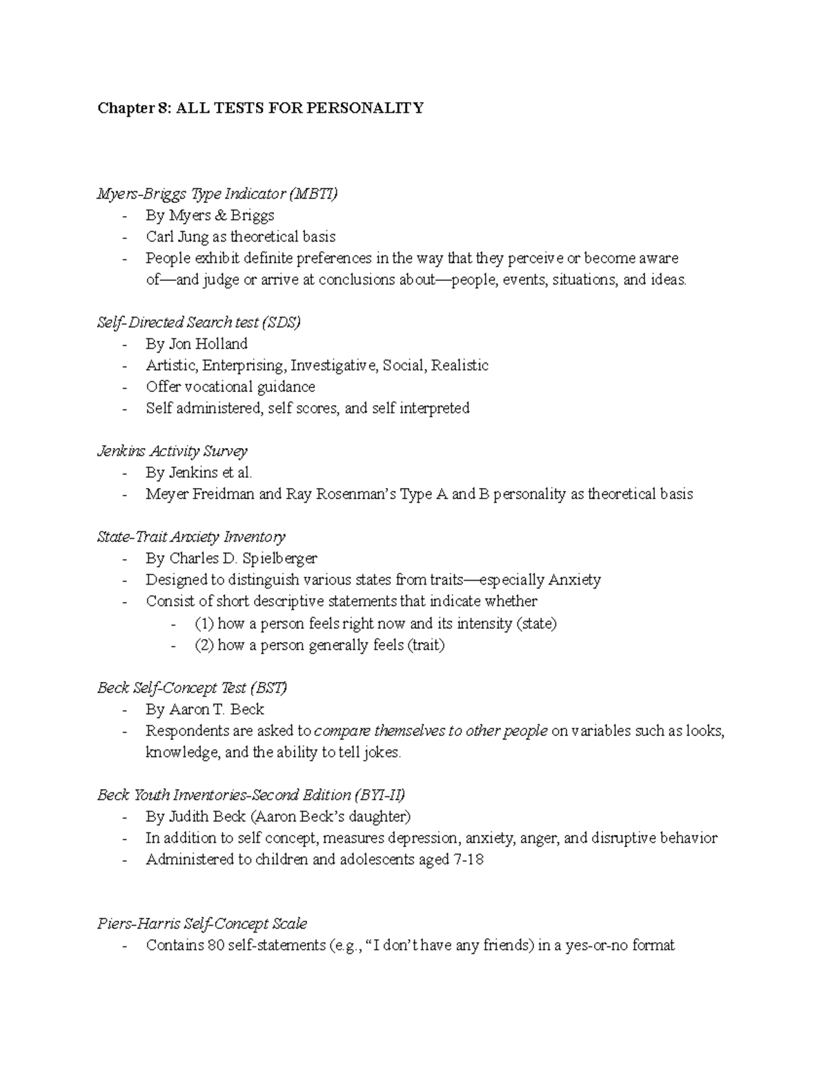 Chapter 11-12: Comprehensive Overview of Personality Tests - Studocu