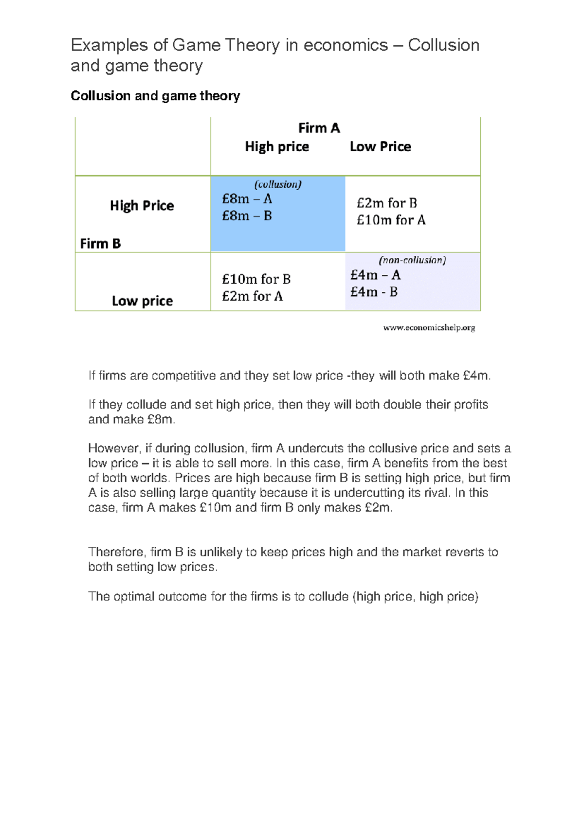 Game Theory Collusion: Economic Insights and Examples - Studocu