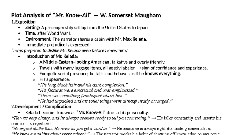 Plot Analysis of "Mr. Know-All" by W. Somerset Maugham - Studocu