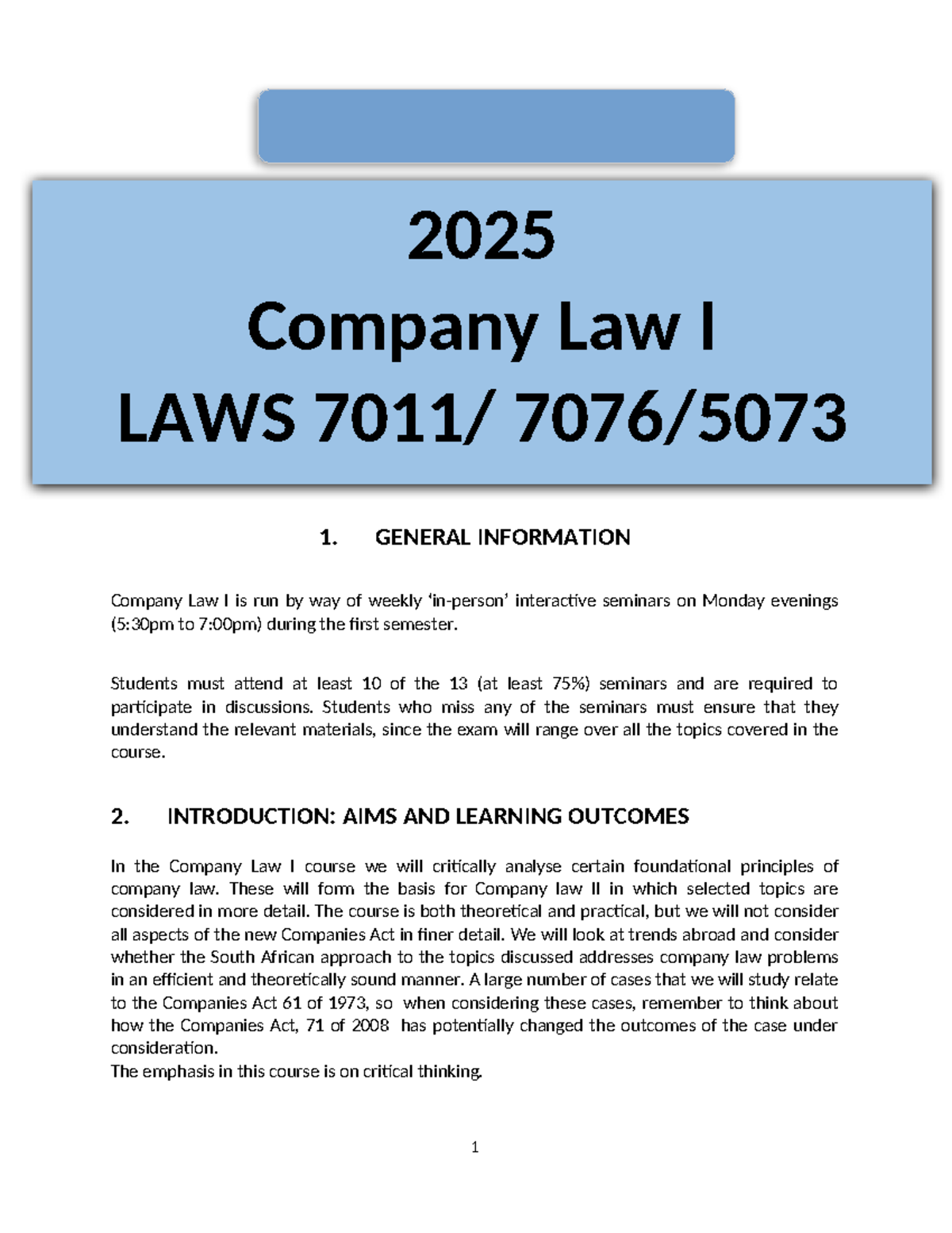 Company Law I Course Outline and Key Learning Themes (LAWS 7011/7076 ...