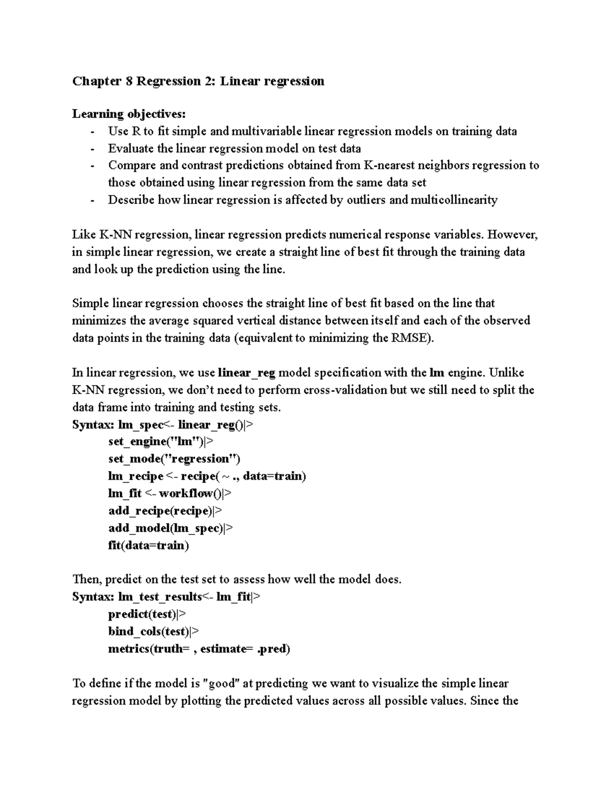 DSCI 100-2: Chapter 8 Regression 2 - Linear Regression Insights - Studocu