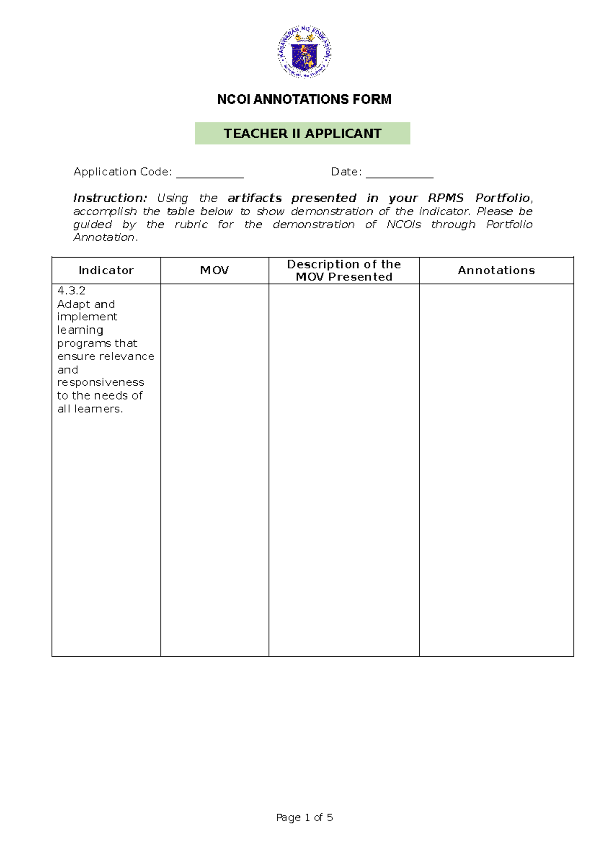 TII NCOI Teacher II Application Portfolio Annotations Form - Studocu