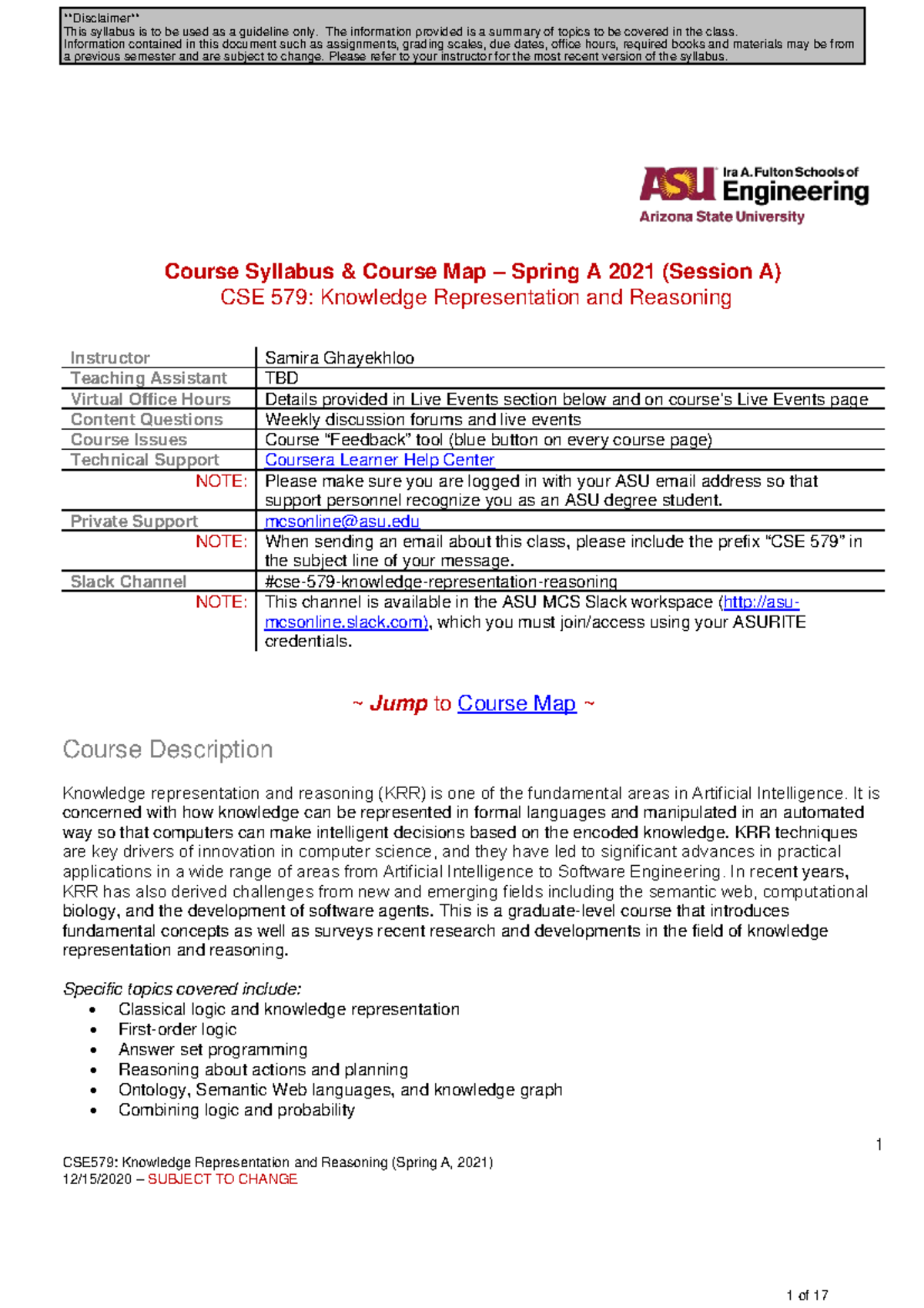 CSE579: Knowledge Representation and Reasoning Syllabus - Spring A 2021 - Studocu