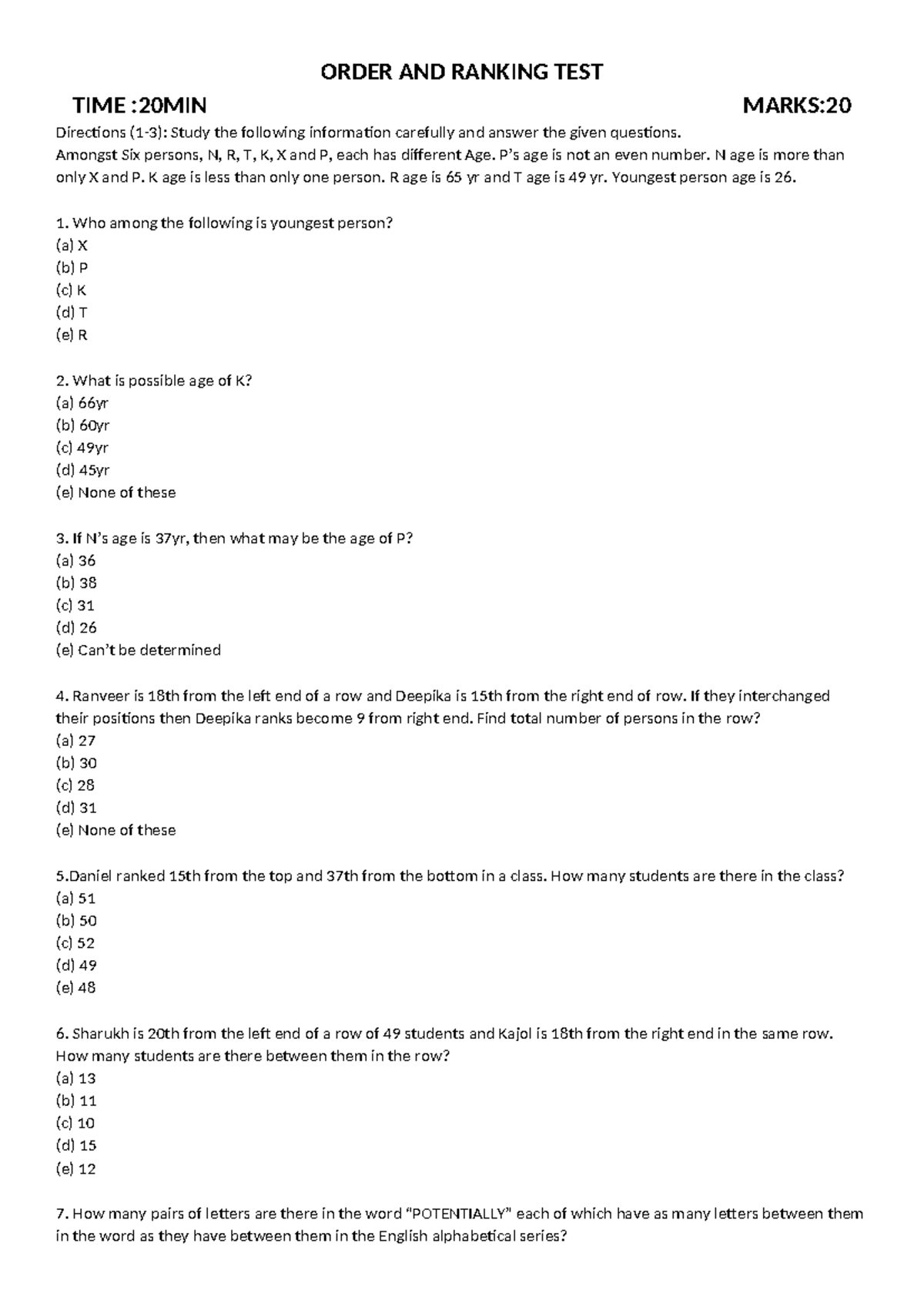 Order AND Ranking TEST - Something - ORDER AND RANKING TEST TIME :20MIN ...