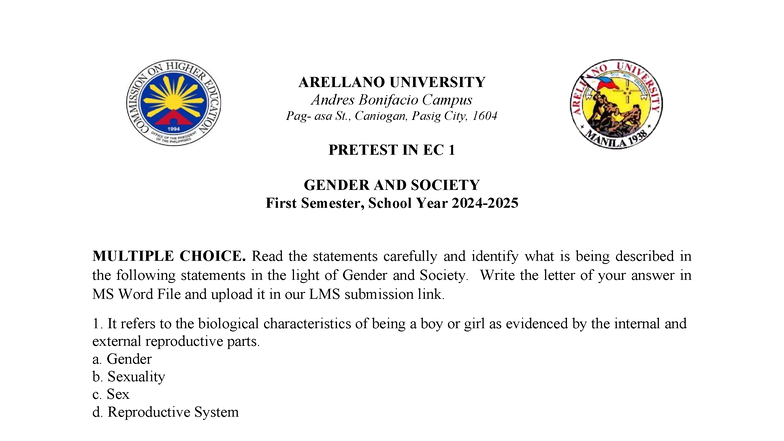 Pretest in EC 1: Gender and Society - First Semester Multiple Choice ...